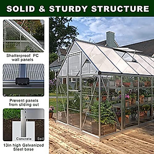 PAPAJET 6x12 FT Hybrid Polycarbonate Greenhouse 3 Vent Window with Lockable Hinged Door Walk-in Hobby Greenhouse Aluminum Hot House for Outdoor Garden Backyard Silver