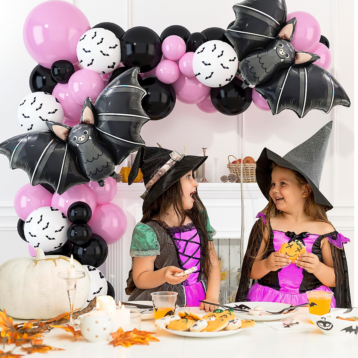 HOUSE OF PARTY Halloween Bat Balloon Garland Kit, 18/12/10/5 inch Black Pink White Balloons Arch with 2 Pcs 40'' Large Bat Foil Balloon, Bat Latex Balloons for Indoor Halloween Party Decorations
