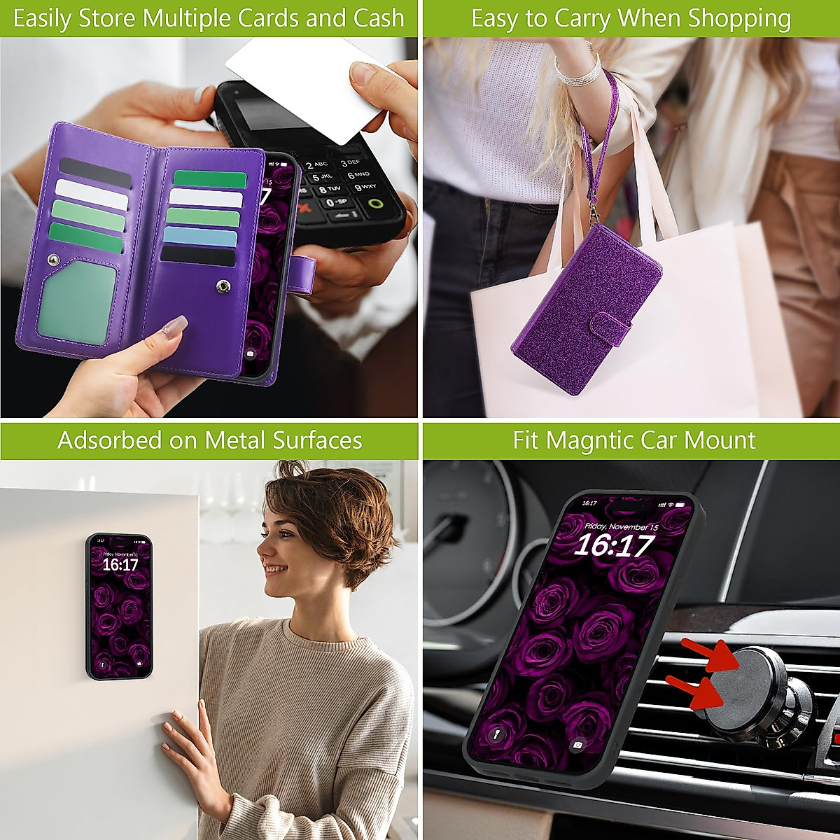 Varikke for iPhone 13 Wallet Case Detachable with Card Holder for Women, Fashion Glitter PU Leather Wrist Strap Strong Magnetic Flip Wallet Removable Phone Case Cover for iPhone 13 6.1", Dark Purple