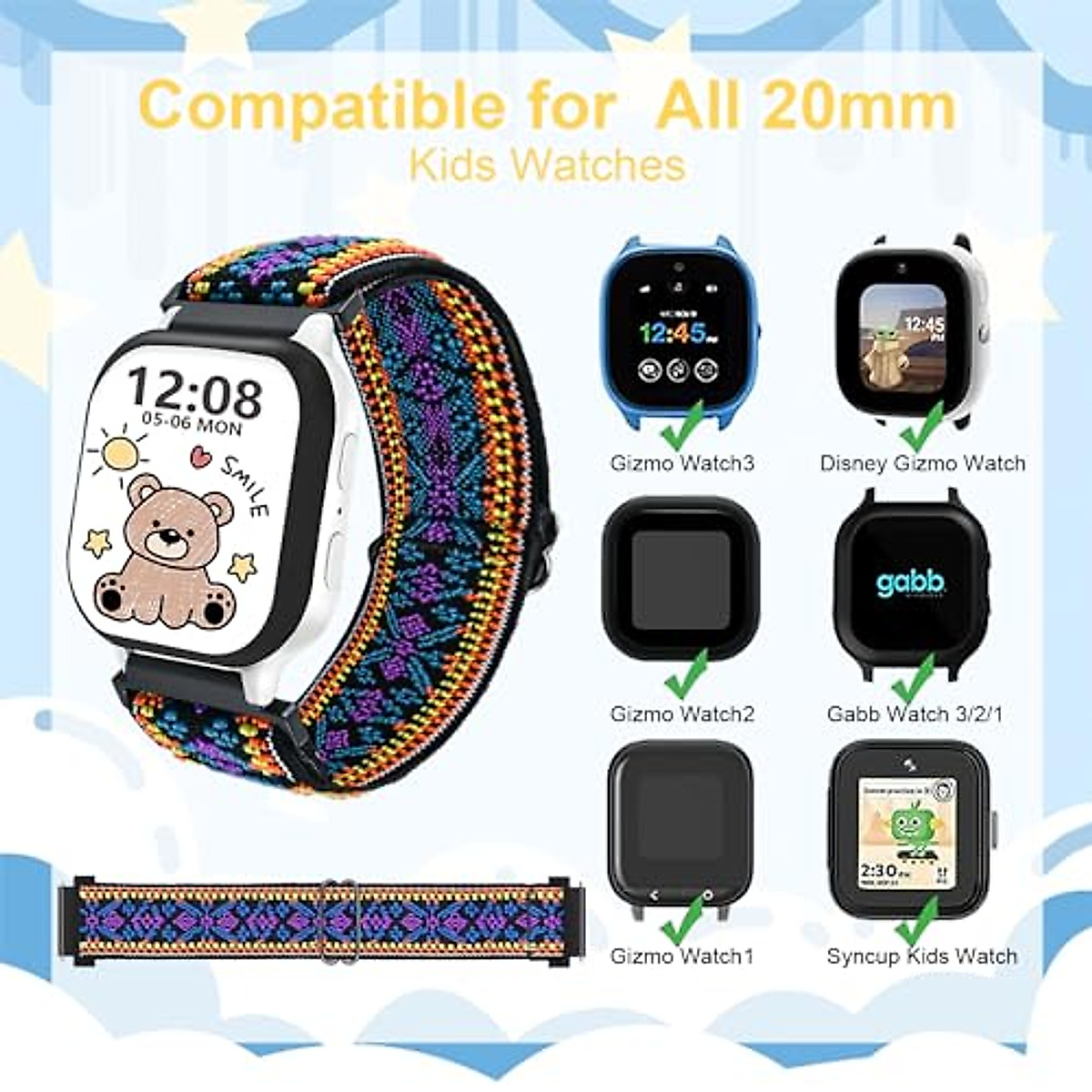 Khxriypha Nylon Band Replacement for Kids Compatible with Gizmo Watch Edition/Gizmo Watch 3/2/1 Gabb Watch/SyncUP Watch Elastic Sport Loop Bands with Adjustable Buckle for Girls/Boys