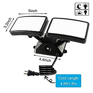 FAGUANGAO Dusk to Dawn LED Security Light,18W Plug in Flood Light Outdoor,5000k Daylight,1600lm, IP55 Waterproof,Adjustable 2 Heads Wall Light for Garage, Porch, Yard, Black