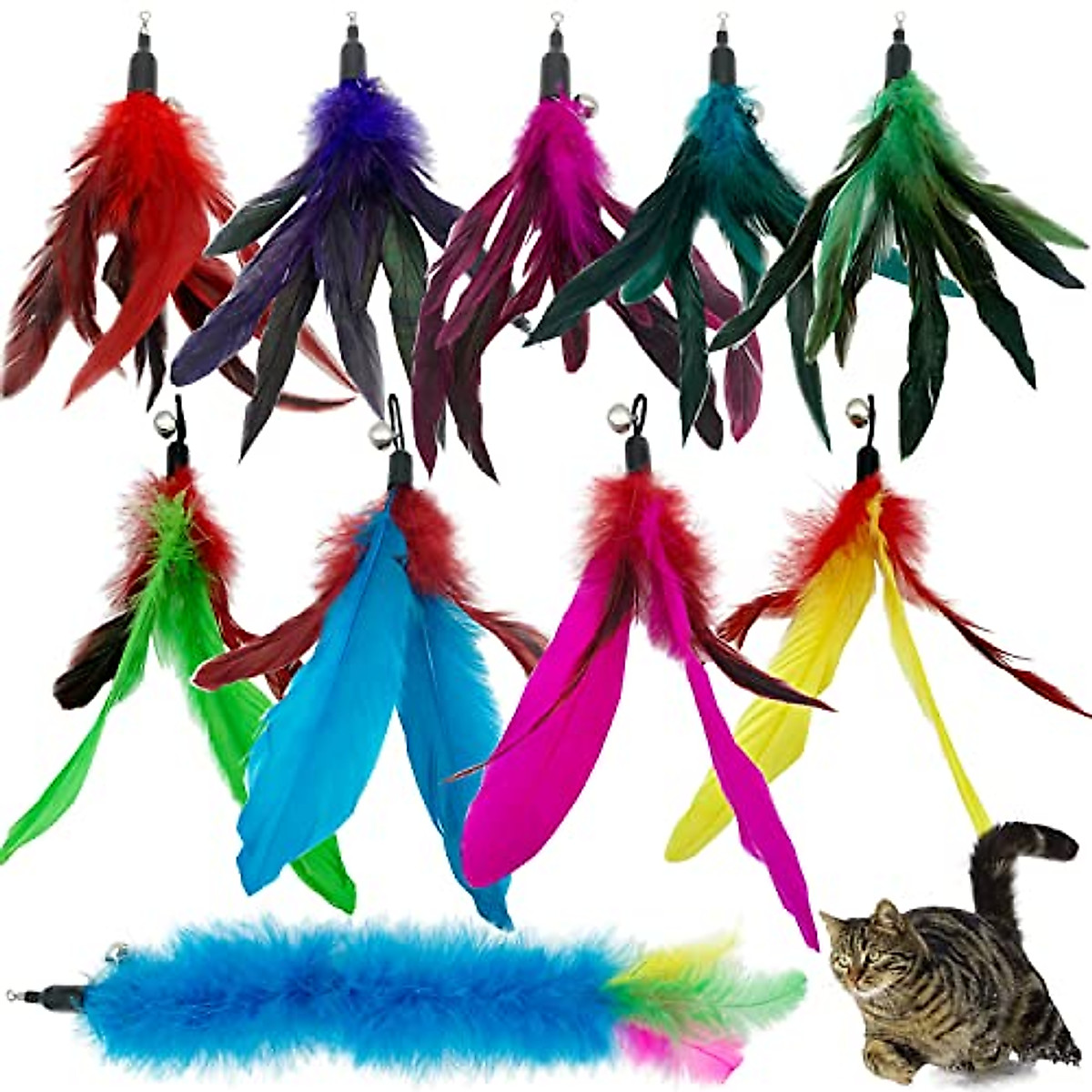 CATENESS Cat Feather Toys Replacement Cat Toy Wand Refills, 10 Pieces Cat Feathers Refill, Interactive Cat Wand Toy Replacement Feather for Indoor Cats