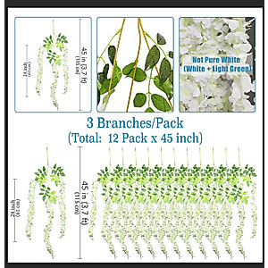 GPARK 12 Pack /45 inch /3.7ft Wisteria Hanging Artificial Flowers Fake Bushy Silk Vine Garland String for Wedding Party Garden Greenery Home Wall Deco Milk White