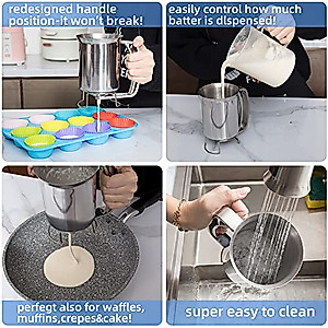 GEETEST 800ml Stainless Steel Pancake Batter Dispenser - Great for Baking,Cupcakes,Muffins-Cooking Crepes,Waffles- Easyflow Spout -Measuring Gauge in Mls and cups
