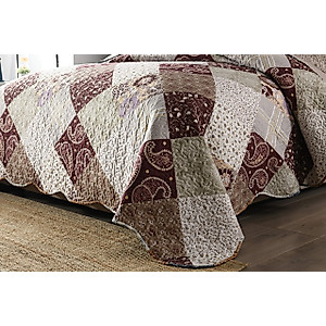 Travan 3-Piece Queen Quilt Set Quilted Bedspread Lightweight Soft Coverlet Set Printed Coverlet Bedding Set for All Season, Patchwork Brown, Queen Size