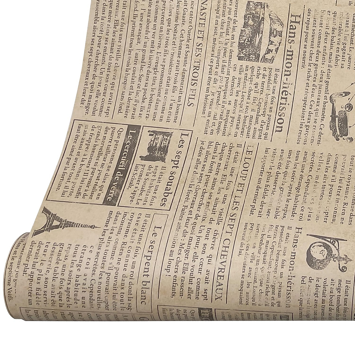 Yifely Retro Beige Newspaper Furniture Paper Self-Adhesive Shelf Liner Countertop Sticker 17.7 Inch by 9.8 Feet