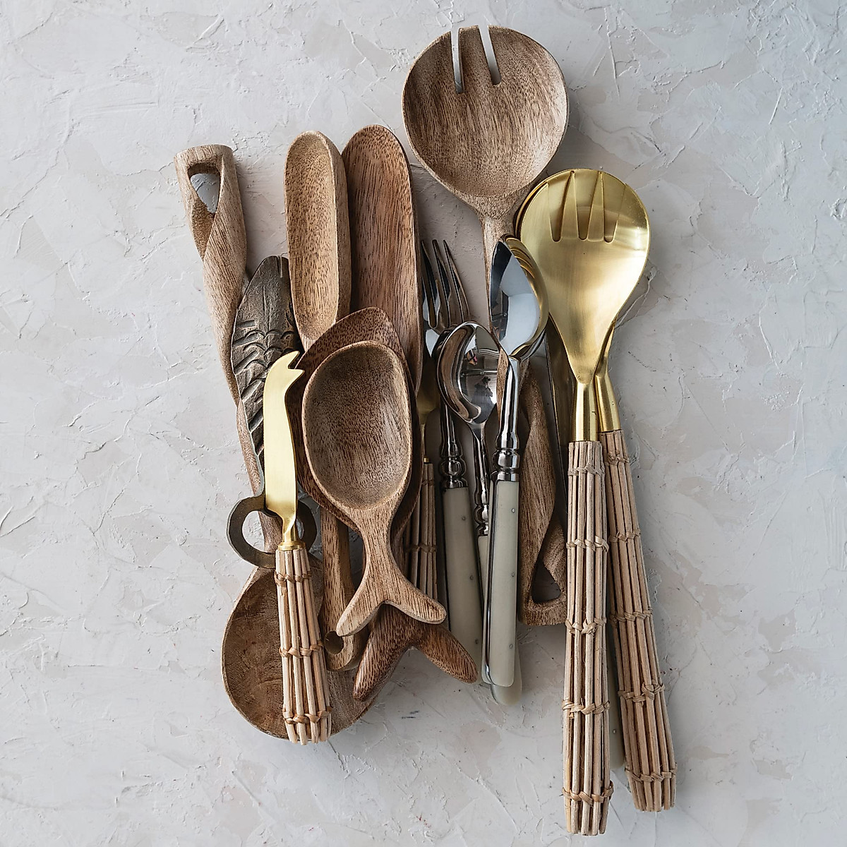 Creative Co-Op Stainless Steel Rattan Wrapped Handles, Set of 2 Styles Salad Servers, Natural