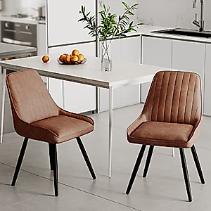 Alunaune Modern Dining Chairs Set of 2 Upholstered Kitchen Chairs Mid Century Armless Leisure Accent Chair Living Room Faux Leather Desk Side Chair with Metal Legs-Brown