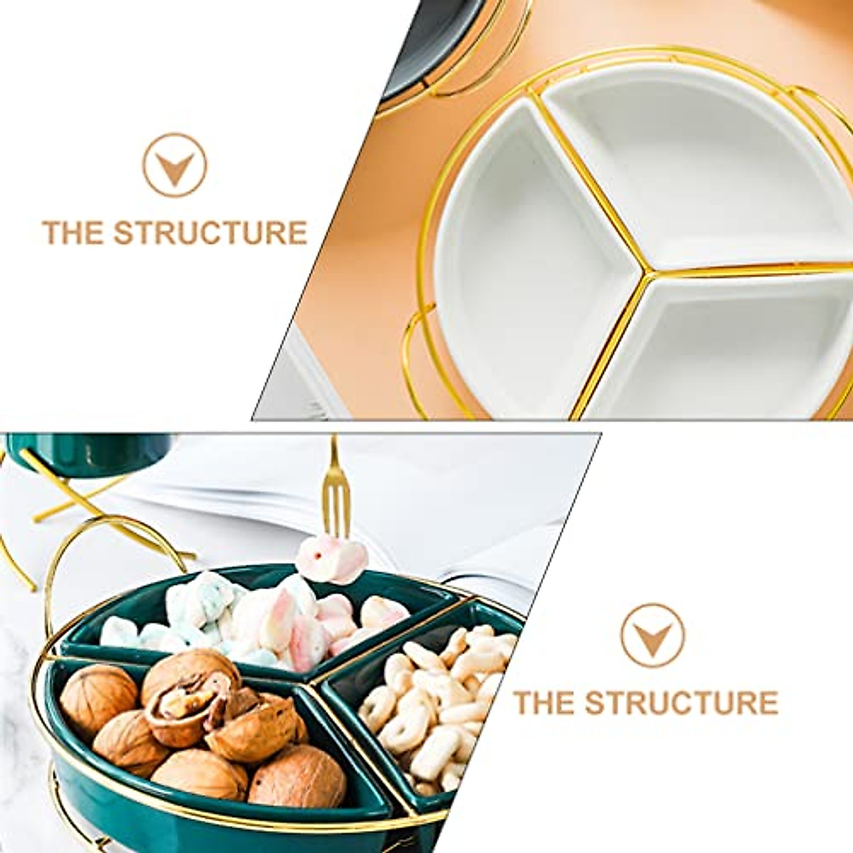 Angoily Ceramic Divided Serving Tray with Handles, 3 Sectional Appetizer Serving Tray, Round Veggie Tray for Serving for Party for Fruit, Candy, Snacks, Parties (White)