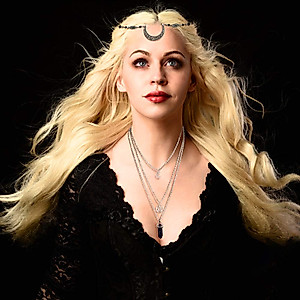 MJartoria Moon Pentagram Necklace with Headwear Pentacle Crystal Chakra Pendant Layered Necklaces for Women Choker Necklace Gothic Jewelry Goth Accessories (Dark Blue, Moon Pentagram)