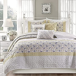 Madison Park 100% Cotton Quilt Set Floral Print, Double Sided Stitching, All Season, Lightweight Coverlet Shabby Chic Bedding Layer, Matching Shams, Full/Queen, Yellow 6 Piece