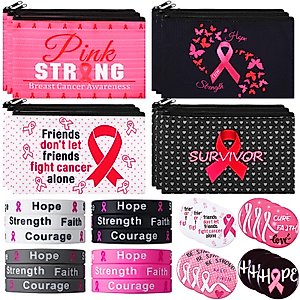Tanlade 36 Pcs Breast Cancer Survivor Gifts for Women Girl Include Breast Cancer Awareness Makeup Bags Novelty Pink Ribbon Buttons Badge Hope Faith Strength Courage Inspiring Wristband for Party Favor