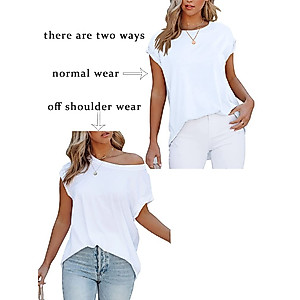 XXTAXN Women's Casual Short Sleeve Off Shoulder Oversized T Shirt Outdoor Soft Basic Tunic Tops White