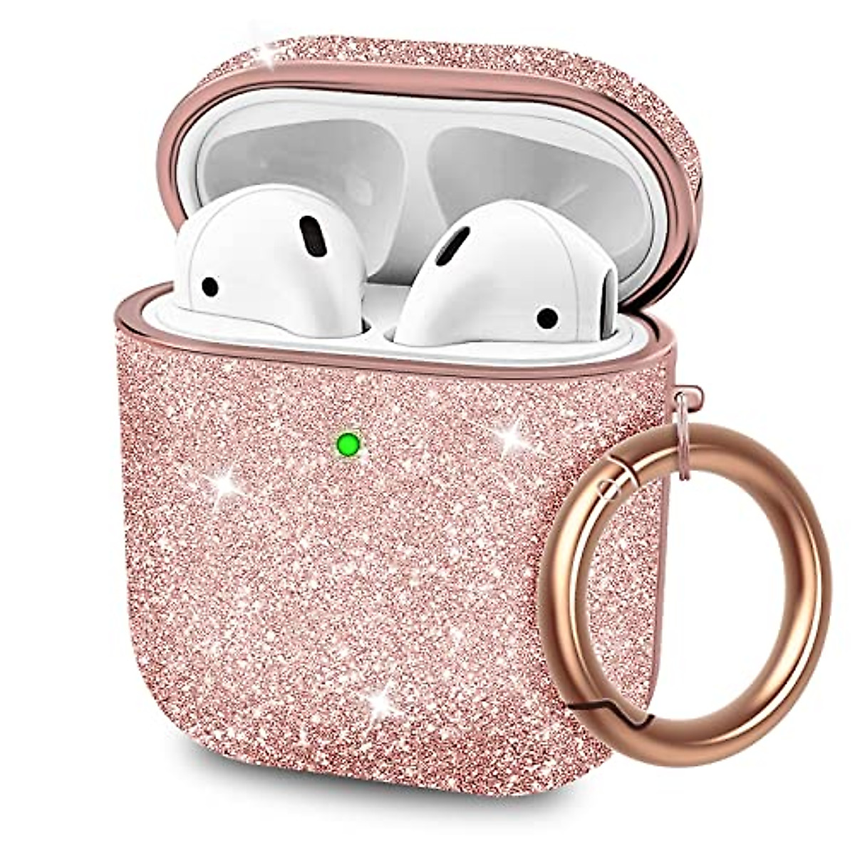 MOLOVA Bling Case for Airpods 1&2 Case,Hard Cover Glitter Rose Gold Luxury Leather with Gold-Plated Frame Shock Proof Cover with Keychain（Rose Gold）
