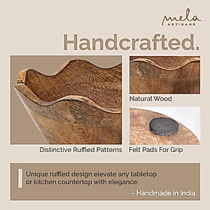 Mela Artisans Wooden Scalloped Bowl - Large | Ruffle Decorative Style | Rustic Kitchen Decor | Mango Wood | Natural Grain Finish | Fits Bread, Fruits, Salad or Popcorn | 12” x 4” x 11”