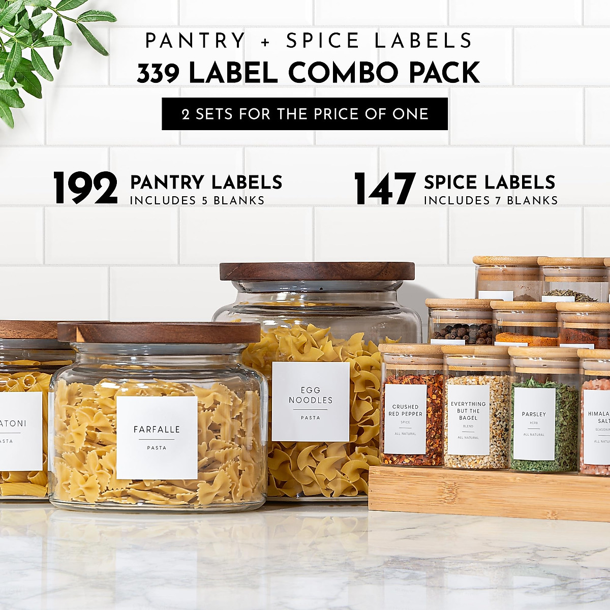 Pantry and Spice Container Labels Combo Pack: 2 in 1 Set of 339 Minimalist Spice Jar & Pantry Stickers for Kitchen Organization, Preprinted Waterproof Food Seasoning Storage Canister Organizing Label