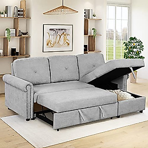 ERYE L-Shaped Pull Out Sleeper Couch Bed Velvet Tufted Upholstered Convertible Reversible Sleep Sectional Sofa with PullOut Sofabed for Living Room