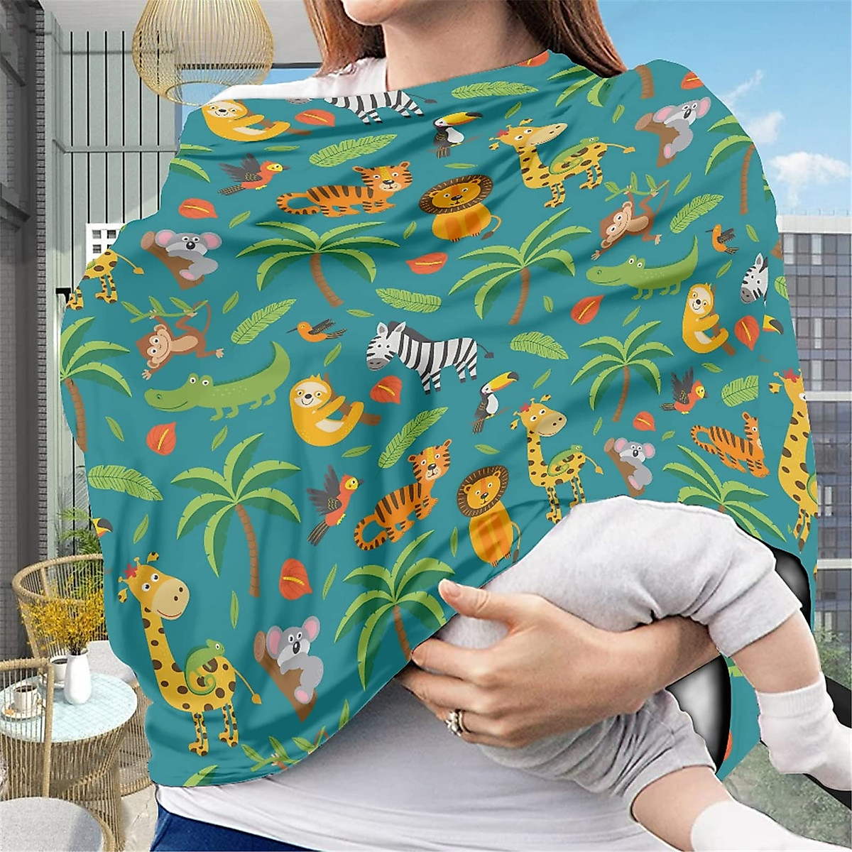 Forchrinse Wildlife Animal Cartoon Jungle Animal Car Seat Cover for Babies,Soft Nursing Breastfeeding Scarf Breathable Carseat Canopy for Baby Boys Girls