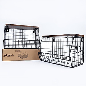 Mefirt 2pcs Fruit Basket Onion Storage Wire Baskets with Wood Lid, Stackable Wall-mounted & Countertop Tiered Kitchen Counter Organizer for Snack, Fruit and Vegetable Storage, 11.8 * 7.9 * 8.5 Inches