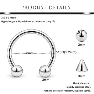 Hoeudjo 32Pcs Horseshoe Rings Surgical Steel Nose Septum Rings Horseshoe Hoop Lip Rings Smily Piercing Jewelry Eyebrow Tragus Daith Earring Helix Piercing Jewelry for Women Men 8mm 5/16inch