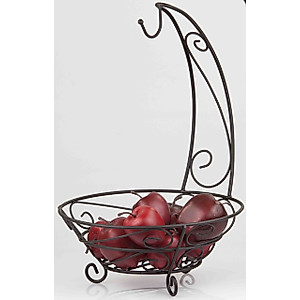 Home Basics Scroll Collection Steel Fruit Basket with Hanging Banana Tree, Perfect for Kitchen Countertop & Dining Room Table, Bronze