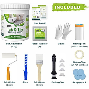 DIY Sink Bathtub Reglaze Kit White, Water Based Tub and Tile Refinishing Kit Easy to Use, Tile Paint Kit Low Odor Bathtub Refinishing Paint for Bathroom Kitchen Porcelain Fiberglass