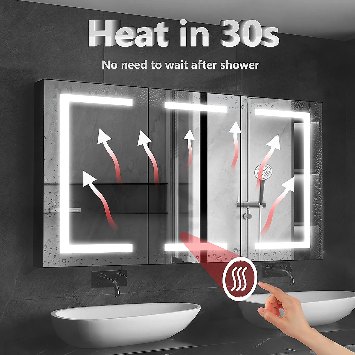 THNIKRE Lighted Medicine Cabinet Mirror, Black 48*30 Inch Bathroom Medicine Cabinets with Lights LED, Large Bathroom Mirror with Storage Waterproof Aluminum Outlets & USB Anti-Fog Adjustable Lightness