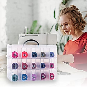 HUHYNN Thread Box with 30 Compartments, 3-Tier Stackable Storage Box for Sewing Threads, Plastic Storage Box for Sewing Kits, Craft Supplies (Transparent)