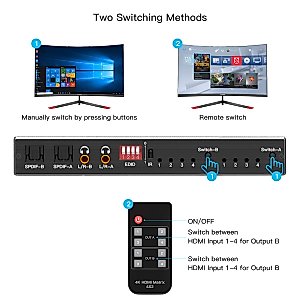 ZPTEK 4K HDMI Matrix Switch 4 X 2,4 in 2 Out Video Switcher Splitter, Optical and LR Audio Outputwith IR Remote Controller,Support 4K@60Hz 3D 18.5Gbps x 3 Data Rate, HDMI 2.0b, HDCP 2.2, MH42-C1