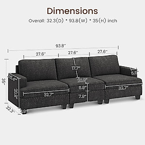 Nolany Modular Sofa Couch Upholstered Fabric Oversized 3 Seat Couch Sofa for Living Room, Dark Grey