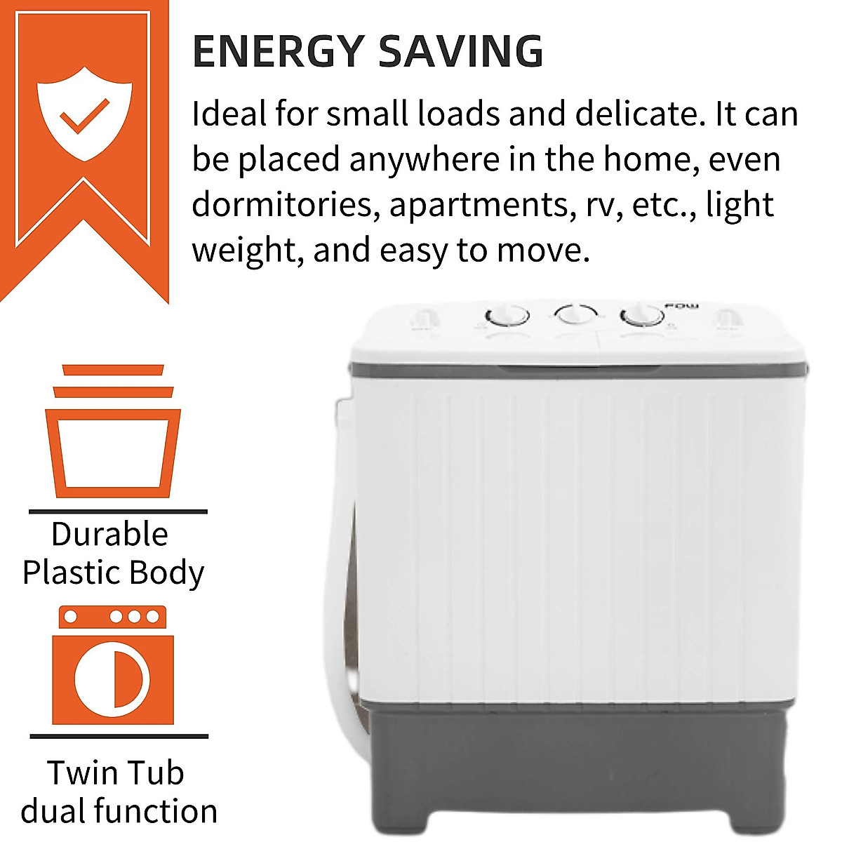 Portable Washing Machine 17 lbs Mini Compact Twin Tub Washing Machine with Soaking Function & Semi-Automatic, Inlet and Drain Hose for Apartment Dorm Rooms and Home Laundry Washer (White&Gray)