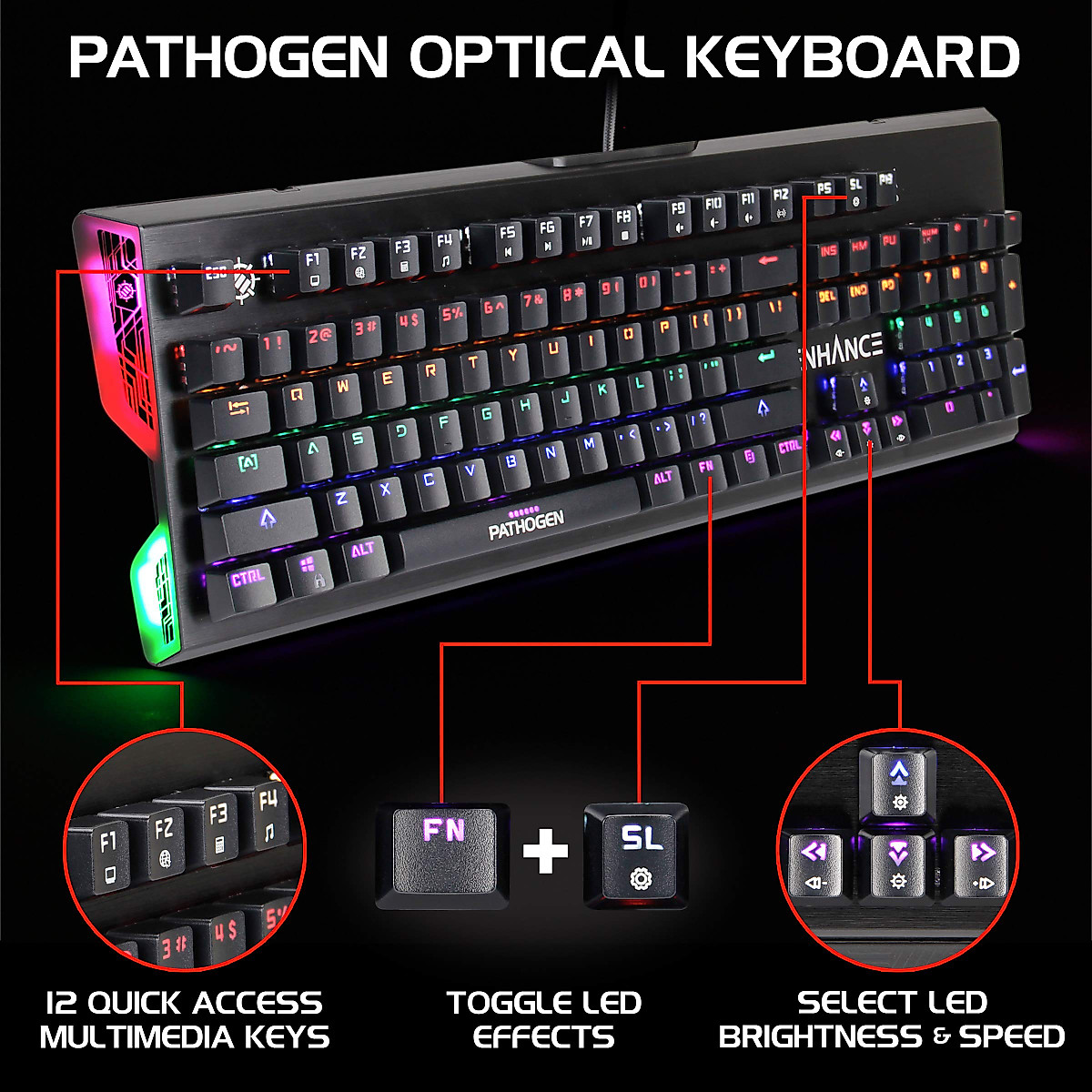 ENHANCE Pathogen Gaming Keyboard - Blue Switch Mechanical Keyboard with Fast 0.2ms Polling, Water & Dust Resistant, NKRO & Anti-Ghosting, Removable Wrist Rest, Ergonomic Keyboard Rainbow LED 9 Effects