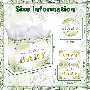 Mpanwen 16" Large Sage Green Baby Gift Bag, Baby Gift Bag for Girl Boy with Tissue Papers and Card