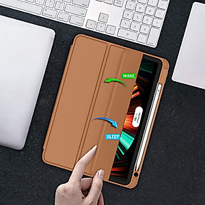 ZryXal New iPad Pro 12.9 Inch Case 2022/2021/2020(6th/5th/4th Gen) with Pencil Holder,Smart iPad Case [Support Touch ID and Auto Wake/Sleep] with Auto 2nd Gen Pencil Charging (Brown)