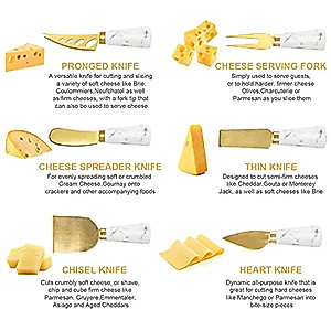 Golden Cheese Knife Set 6 Piece, Marble Handle Butter Spatula Knives, Cheese Spreader Cutter with Ergonomic Ceramic Handle, Cheese Shaver and Fork for Birthday, Wedding, Party (White)