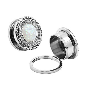 Qmcandy 2pcs 00g Stainless Steel White Opal Screw Ear Plugs Gauges Piercing
