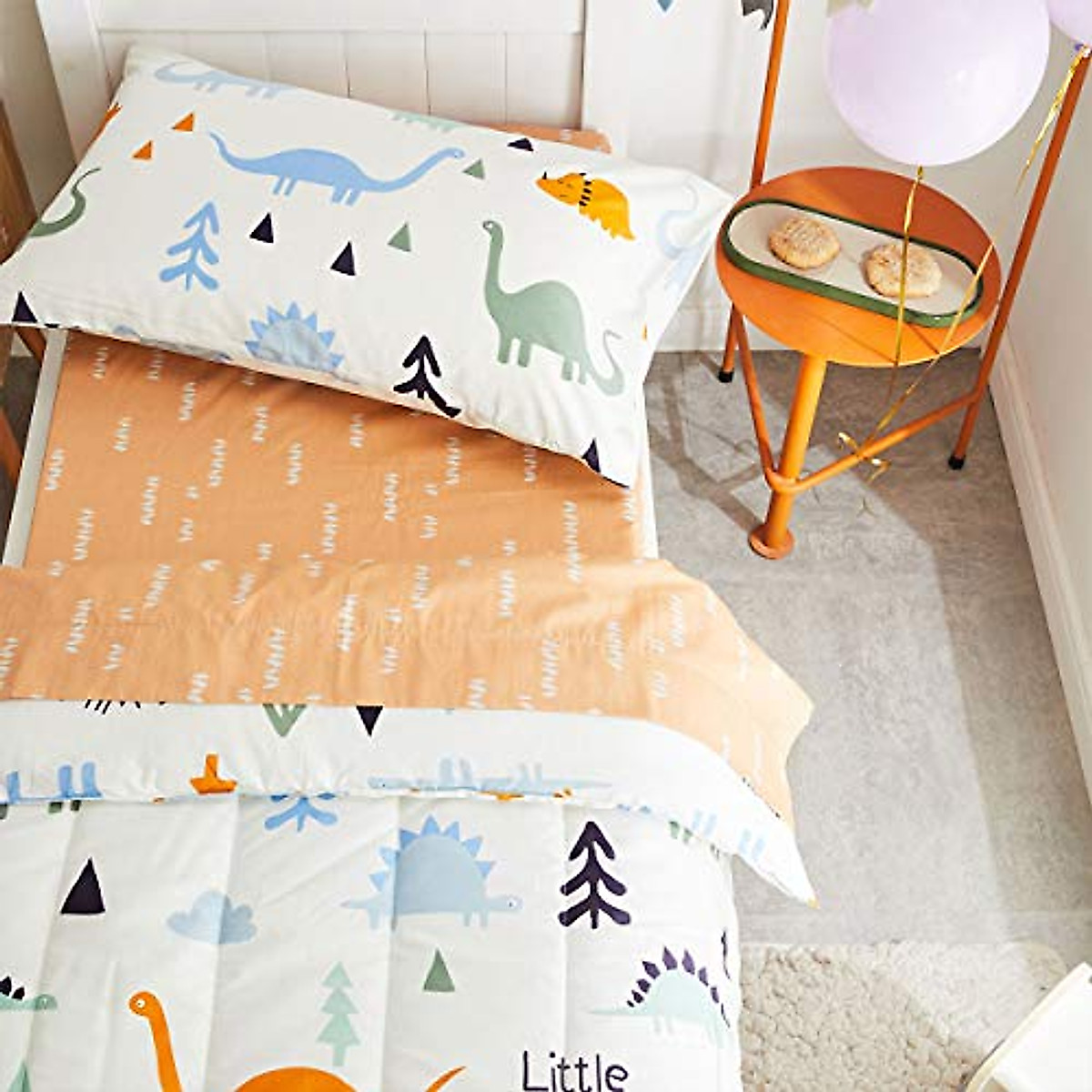 Joyreap 4 Piece Cotton Toddler Bedding Set for Kids Boys n Girls, Dinosaur Theme Cream White n Orange Reversible Design, Includes Quilted Comforter, Fitted Sheet, Top Sheet, and Pillow Case