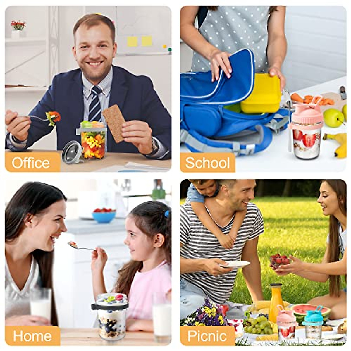 DNANAOL Overnight Oats Containers with Lids - 16 oz Overnight Oats Jars Set of 4, Reusable Yogurt Mason Jars with Lids & Spoons, Large Capacity Airtight Jars for Milk, Cereal, Fruit To Go Containers