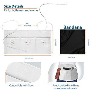 Batex 3-Pack Premium Cotton Server Apron with 3 Pockets and Chef Bandana, Comfortable Waist Apron for Waitress, Waiters, Half Apron with Pocket(White - 1 Pack)