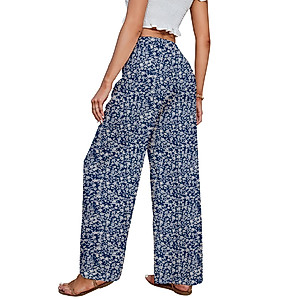 JASPAL Women Casual High Waisted Palazzo Pants Wide Leg Long Lounge Trendy Trousers with Pocket-XL-Blue White Flower