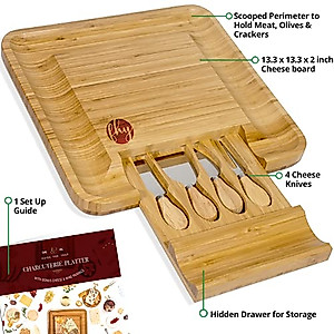 Frux Cheese Board and Knife Set. Wood Charcuterie Board Set, A Perfect Serving Platter for Meat, Cheese, Crackers and Wine. All Natural Bamboo with 4 Stainless Steel Cheese Knives and Server.