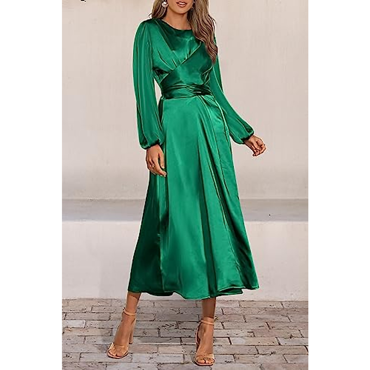 PRETTYGARDEN Women's Fall Fashion 2023 Long Sleeve Satin Dress Tie Back Casual Flowy Midi Dresses (Dark Green,Medium)