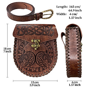 HiiFeuer Viking Fenrir Embossed Buckle Belt with Nordic Embossed Belt Bag, Vintage Faux Leather Belt and Belt Pouch Set for LARP (Brown C)