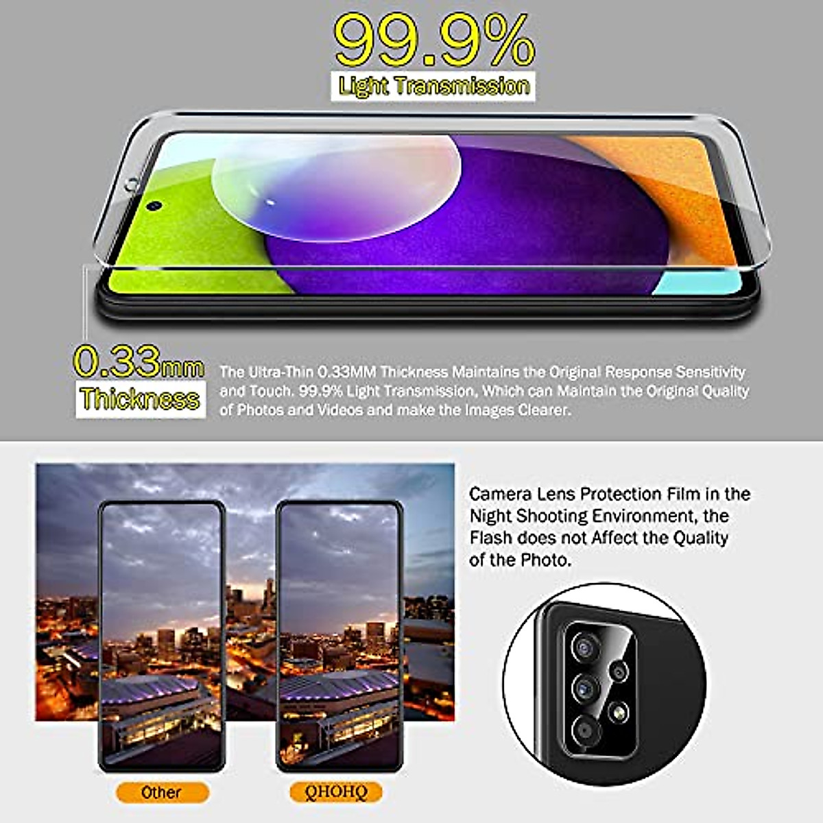 QHOHQ 3 Pack Screen Protector for Samsung Galaxy A52 4G/A52 5G/A52S 5G with 3 Pack Camera Lens Protector, Tempered Glass Film, 9H Hardness, HD, Anti-Scratch, 2.5D Edge, Anti-Fingerprint, Easy to install