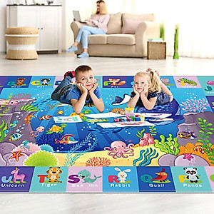 LTKOUGFAM Kids Play Rug, Animals Print Baby Mat for Floor, Kids Rug for Playroom, ABC Educational Rug, Non-Toxic Soft Baby Crawling Mat, Tummy Time Mat, Nursery Rugs (Blue, 78.7X59 INCH)