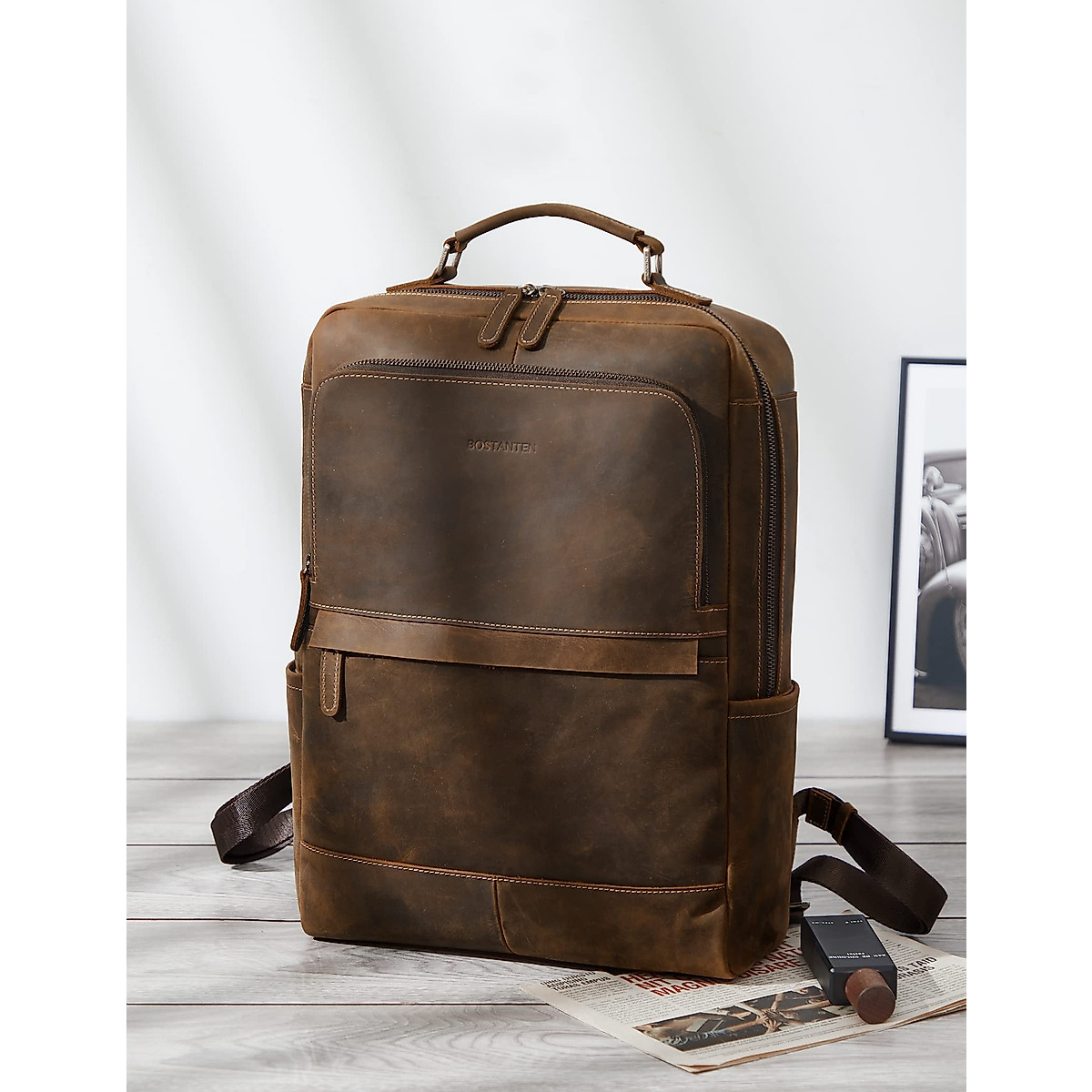 BOSTANTEN Leather Backpack for Men, 15.6 inch Laptop Backpack Large Capacity Business Travel Bag Vintage Shoulder Daypacks