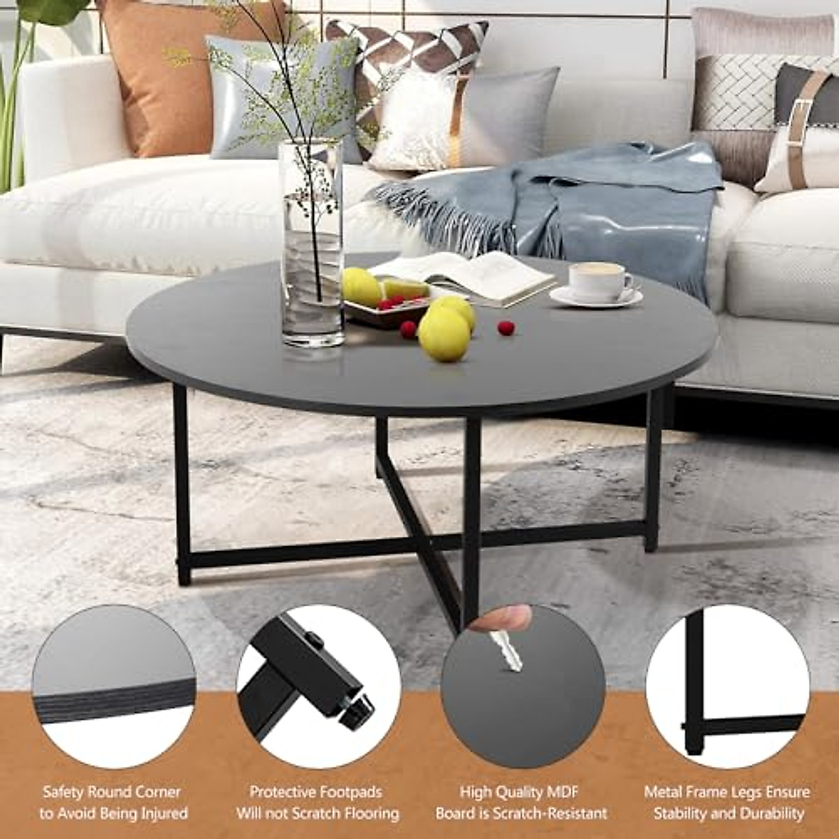 TOYSINTHEBOX Round Coffee Table Modern Coffee Table Sofa Table Tea Table for Living Room, Office Desk, Balcony, Wood Desktop and Metal Legs, Black, 31.5"