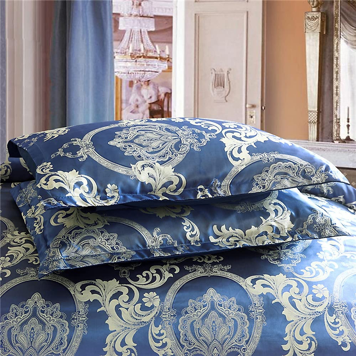ChliEarime Heicatte Duvet Cover Set Satin Silk Blanket All Season Bed Duvet Cover Set Royal Blue Bedspread Luxury Jacquard Quilt Bedding Sets Matching 2 Pillow Shams King(102X90 Inches)