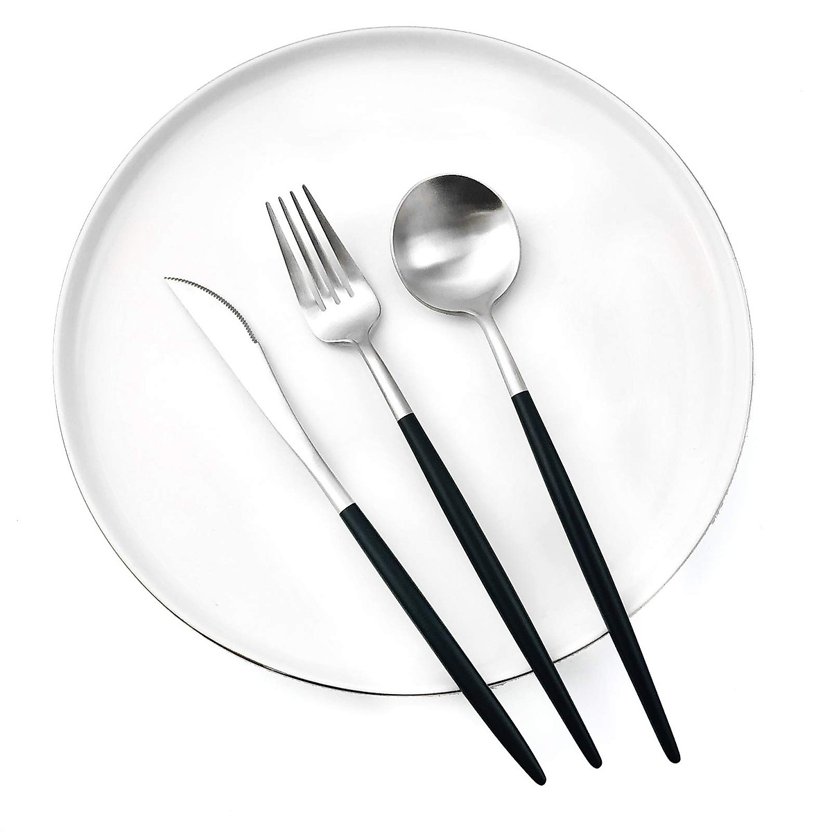 Gugrida Black Silver Flatware, Royal 5 Piece Matte Black Handle 18/10 Stainless Steel Tableware Sets for 1 Including Forks Spoons Knives, Camping Silverware Travel Utensils Set Cutlery Black/Silver