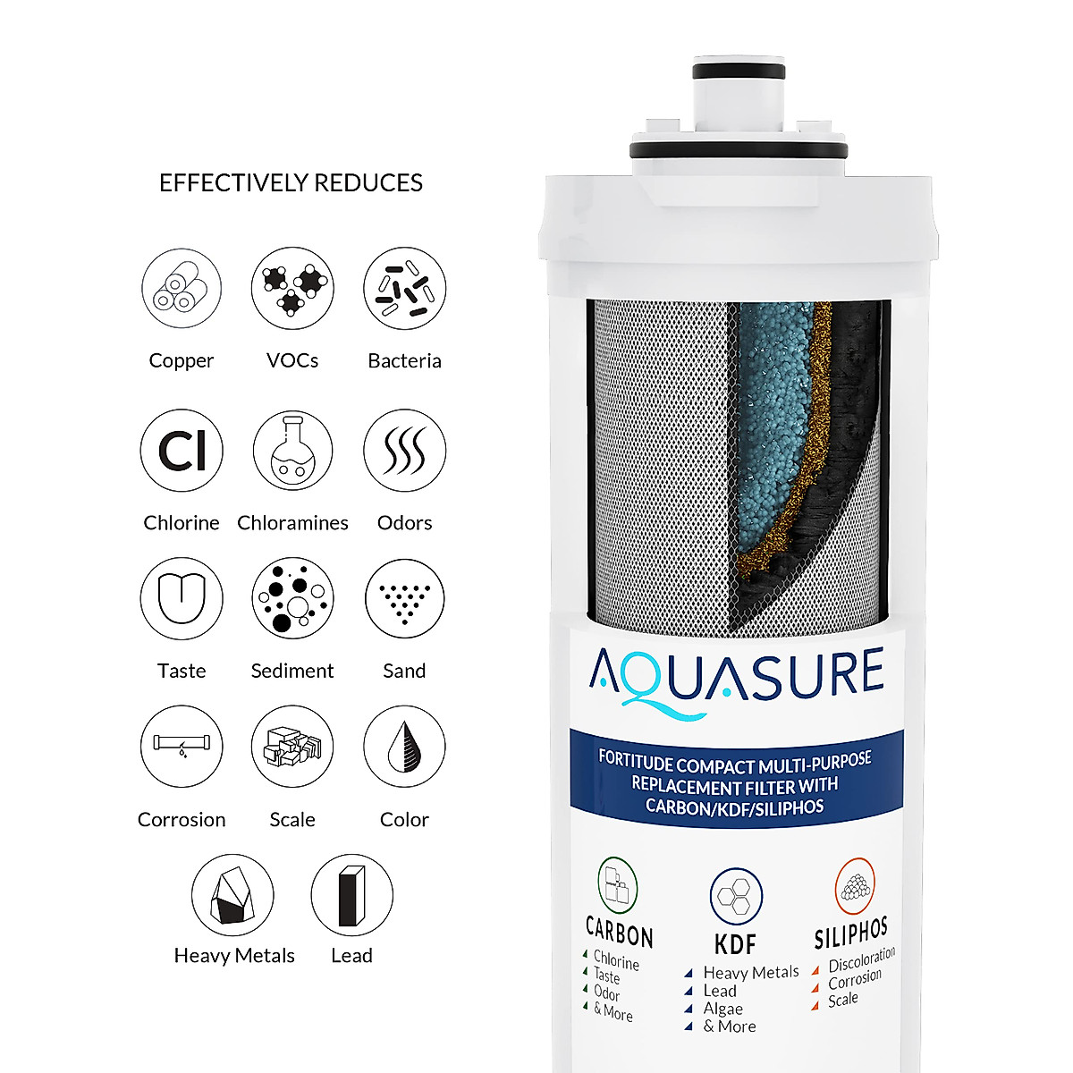 Aquasure Fortitude Compact 10K Gallons Under Sink Multi-Purpose Replacement Filter with Carbon/KDF/Siliphos Anti-Rust Media, Reduces Chlorine, Chemicals, Scale, Bad Taste & Odor for AS-FC50-CKS